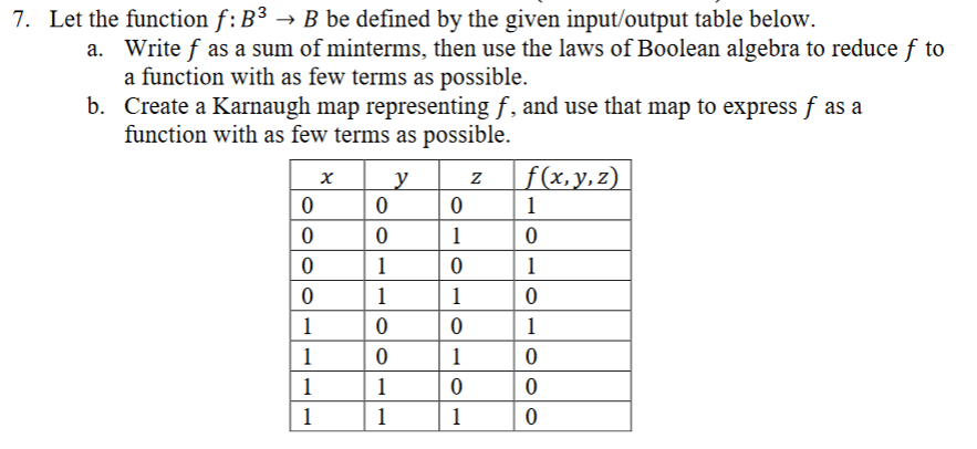 Solved 7. Let the function f:B3→B be defined by the given | Chegg.com