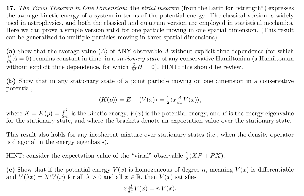 Solved 17. The Virial Theorem in One Dimension: the virial | Chegg.com