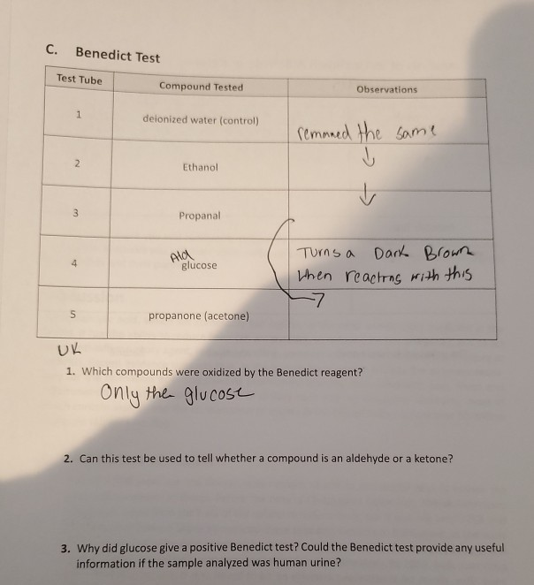 Solved C. Benedict Test Test Tube Compound Tested | Chegg.com