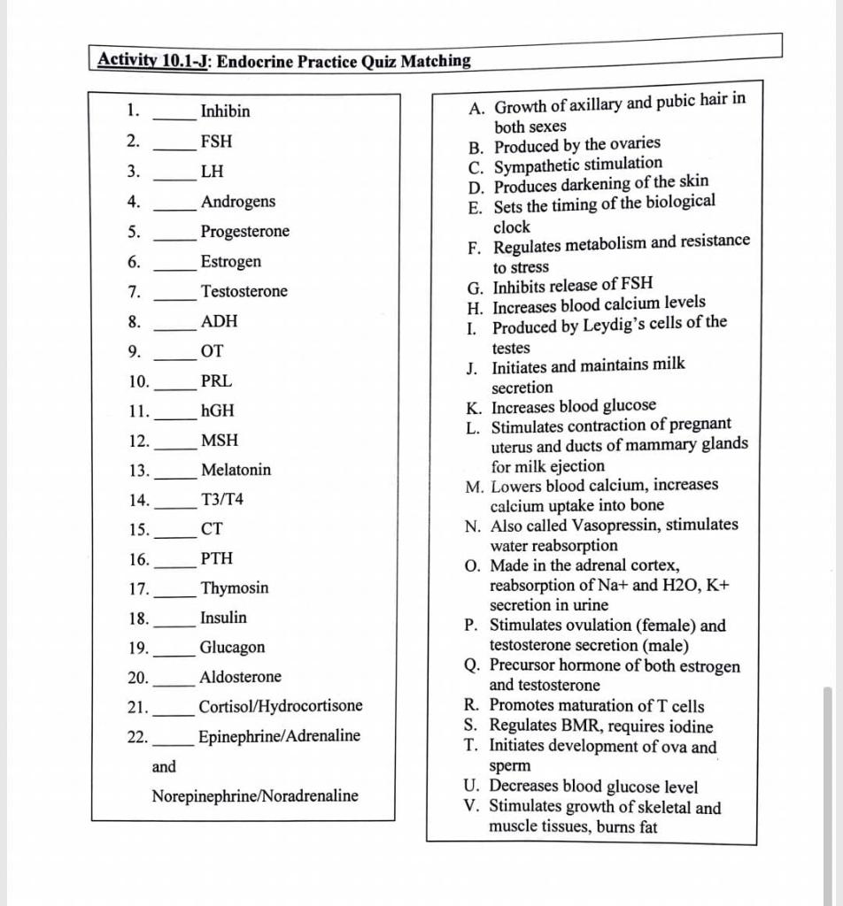 Solved Activity 10.1-J: Endocrine Practice Quiz Matching 1. | Chegg.com