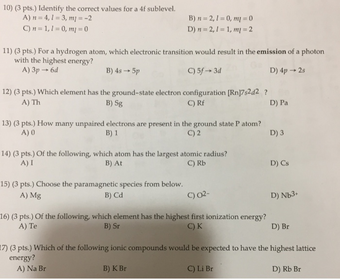 Solved Identify the correct values for a 4f sublevel. A) n | Chegg.com