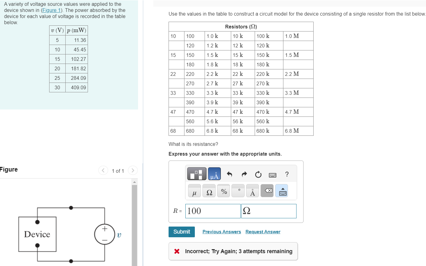 Solved A variety of voltage source values were applied to | Chegg.com
