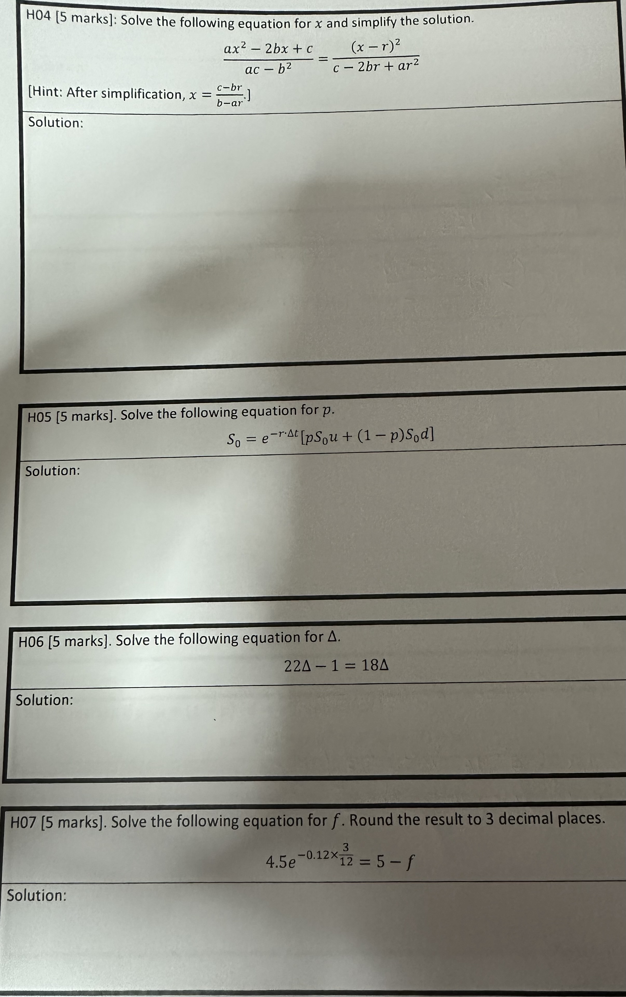 Solved H04 [ 5 ﻿marks]: Solve the following equation for x | Chegg.com