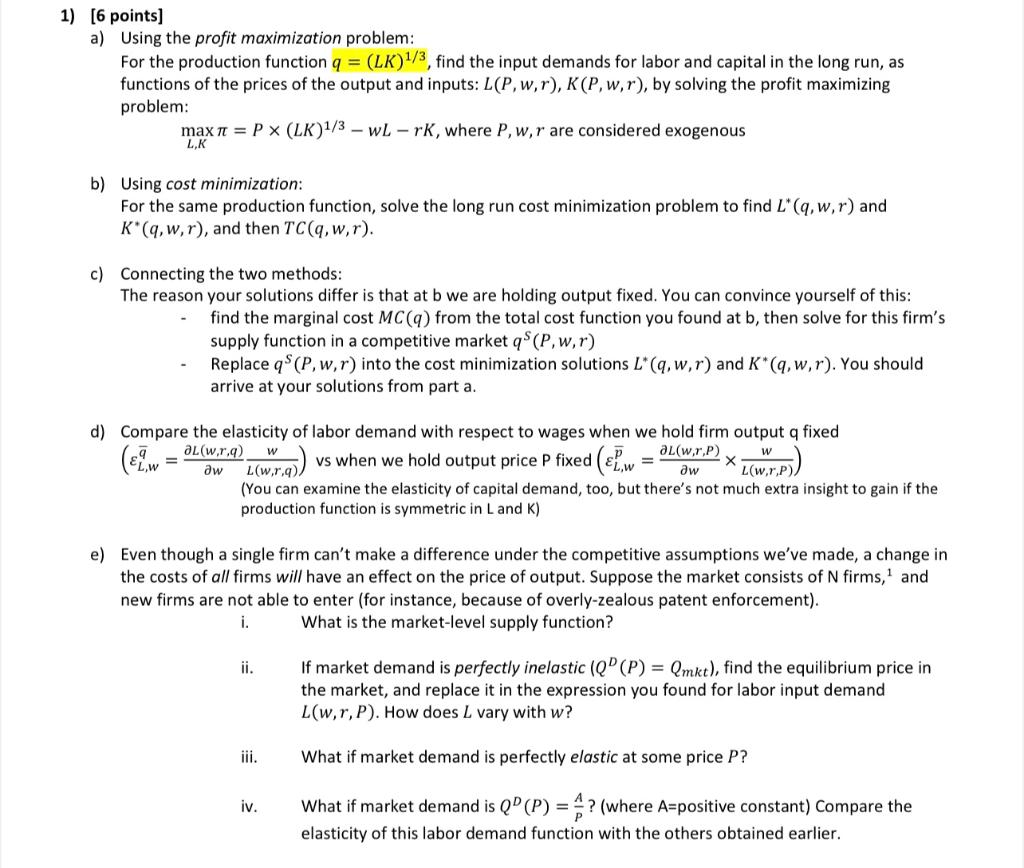 Solved a) Using the profit maximization problem: For the | Chegg.com