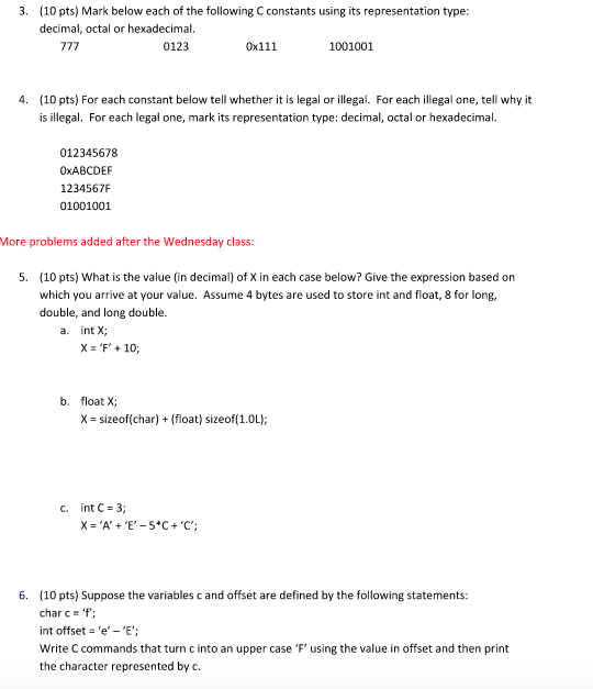 Solved 3. (10 pts) Mark below each of the following C | Chegg.com