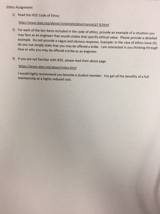 Ethics Assignment 1) Read the IEEE Code of Ethics | Chegg.com