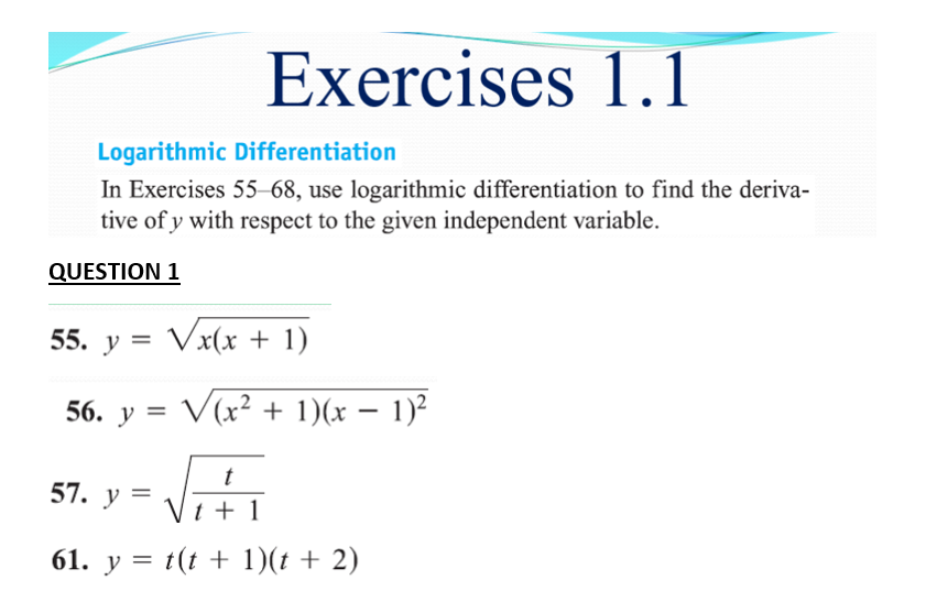 Solved Exercises 1.1 Logarithmic Differentiation In | Chegg.com