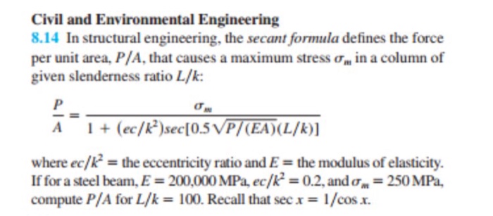 Solved In structural engineering, the secant formula defines | Chegg.com