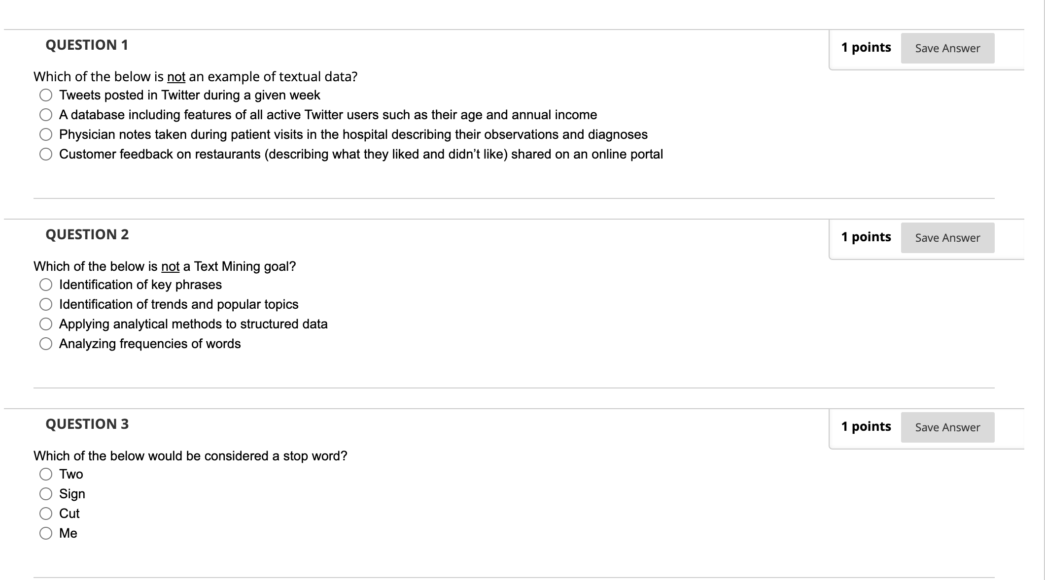 Solved Which of the below is not an example of textual data? | Chegg.com