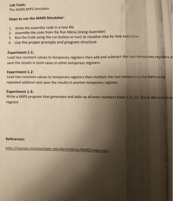 Solved Lab Tools The MARS MIPS Simulator Steps to use the | Chegg.com