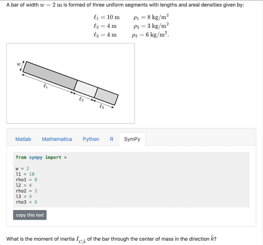 Solved A bar of width w=2 m is formed of three uniform | Chegg.com