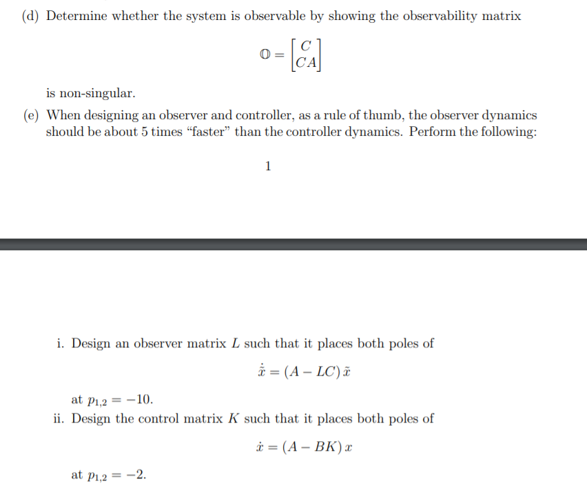 Solved (d) Determine whether the system is observable by | Chegg.com