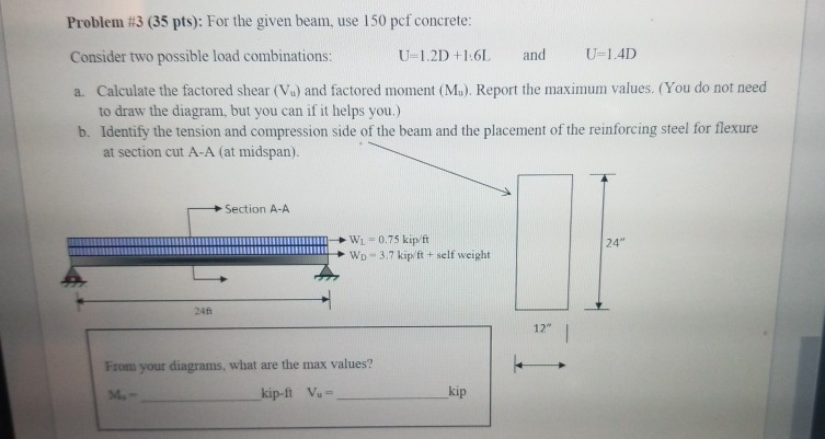 Solved Problem #3 (35 pts): For the given beam, use 150 pcf | Chegg.com