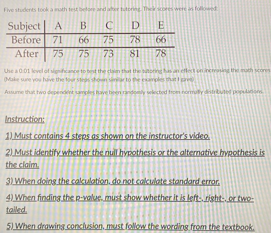 Solved Five students took a math test before and after | Chegg.com