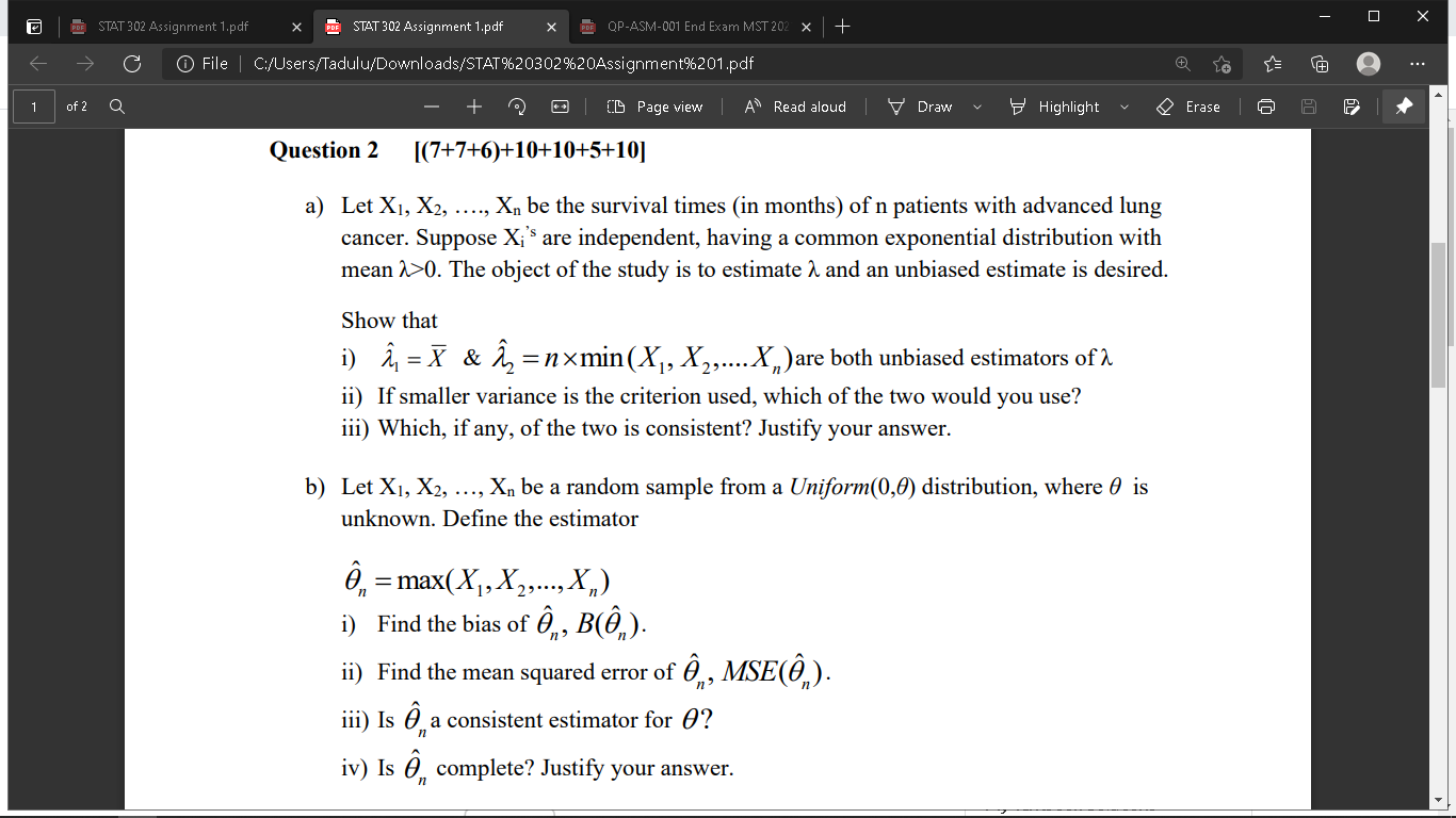 Solved STAT 302 Assignment 1.pdf X STAT 302 Assignment 1.pdf | Chegg.com