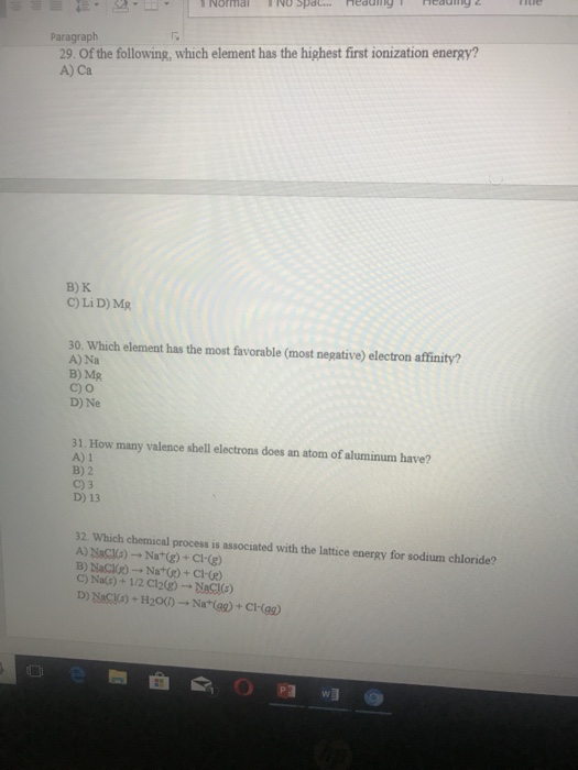 Solved Paragraph 29. Of the following, which element has the | Chegg.com