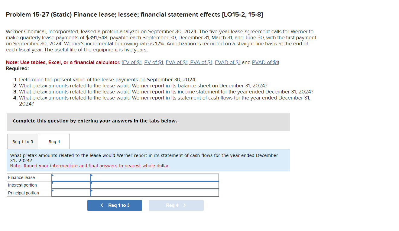 Solved Problem 15-27 (Static) Finance lease; lessee; | Chegg.com