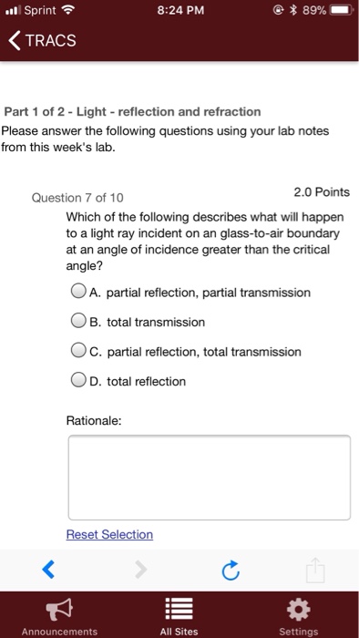 Solved Sprint 8:24 PM * 89% K TRACS Part 1 of 2 - Light | Chegg.com