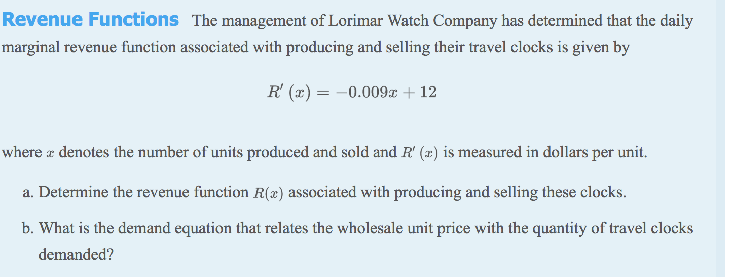 Solved Revenue Functions The management of Lorimar Watch | Chegg.com