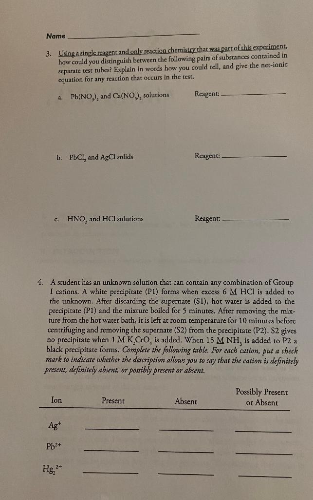 Solved Name 3. Using a single reagent and only reaction | Chegg.com