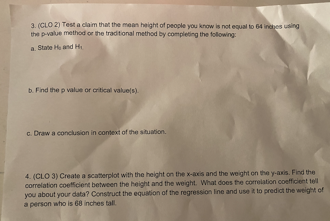 Solved 3. (CLO 2) Test a claim that the mean height of | Chegg.com