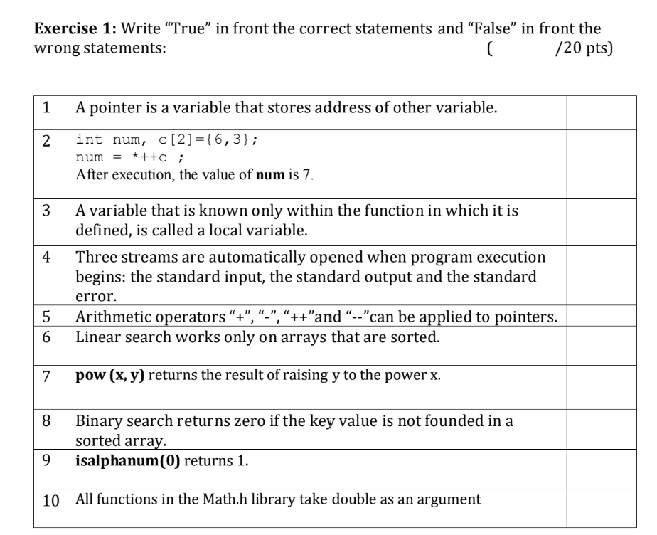 Solved Exercise 1: Write "True" in front the correct | Chegg.com