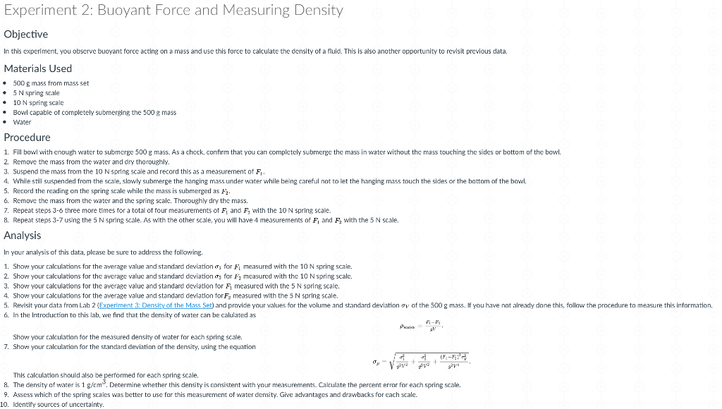 Experiment 2: Buoyant Force and Measuring Density | Chegg.com