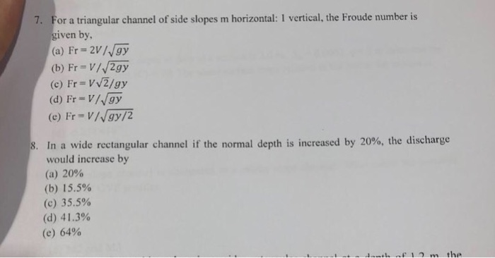 Solved 7. For a triangular channel of side slopes m | Chegg.com