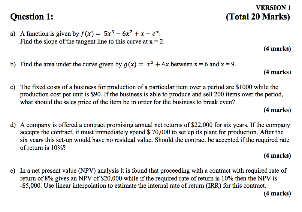 Solved Question 1: VERSION 1 (Total 20 Marks) a) A function | Chegg.com