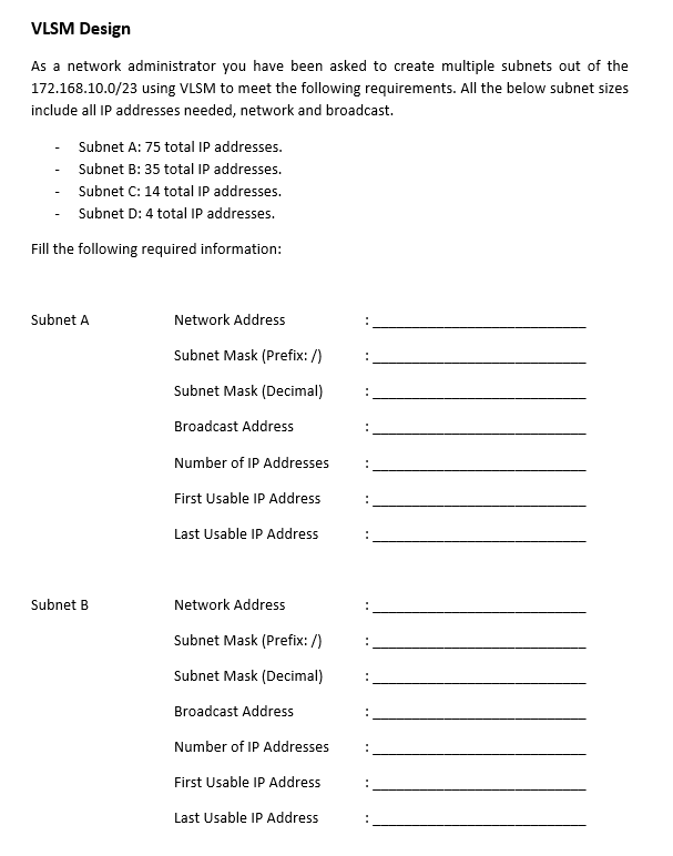 Solved VLSM Design As a network administrator you have been | Chegg.com