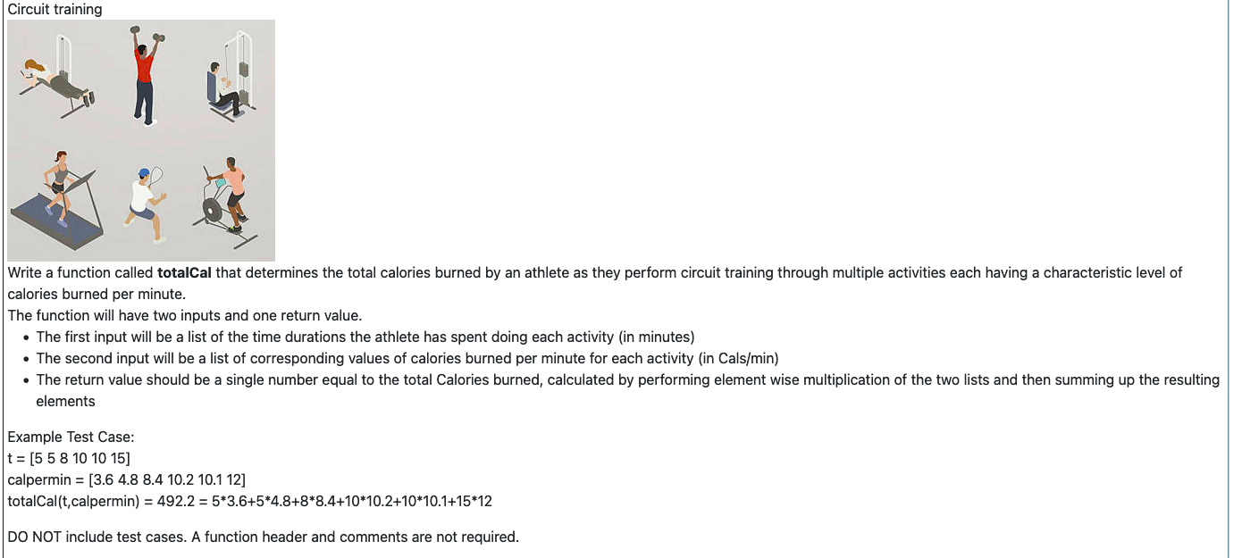 Solved Circuit training Write a function called totalCal | Chegg.com