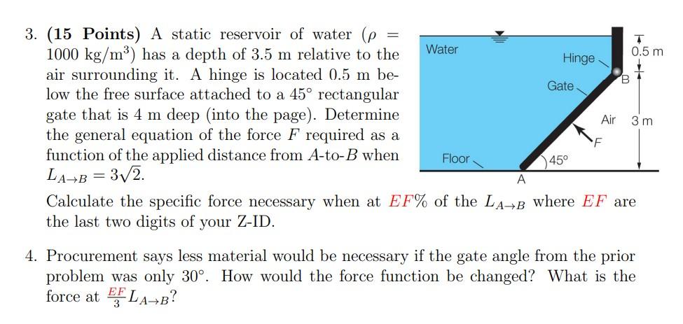 Solved 3. (15 Points ) A static reservoir of water (ρ= 1000 | Chegg.com