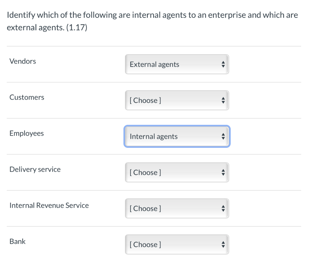 Solved Identify which of the following are internal agents | Chegg.com