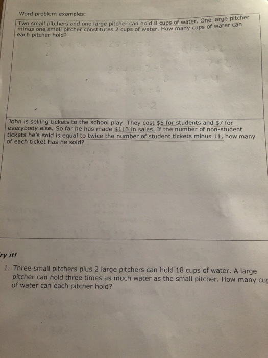 Solved Word problem examples: . One large pitcher Two small | Chegg.com
