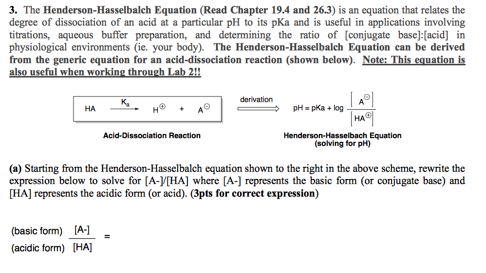 Solved 3. The Henderson-Hasselbalch Equation (Read Chapter | Chegg.com