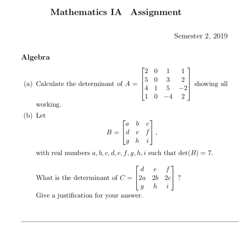 Solved Mathematics IA Assignment Semester 2, 2019 14 1 5 -2 | Chegg.com