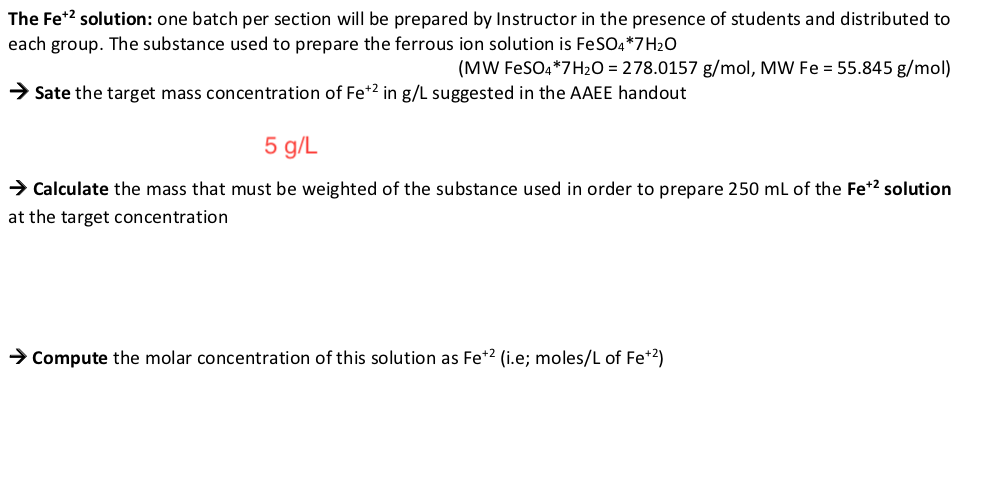 Solved The Fe2 solution: one batch per section will be | Chegg.com