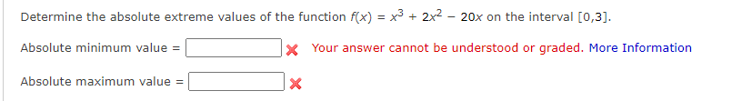Solved Determine the absolute extreme values of the function | Chegg.com