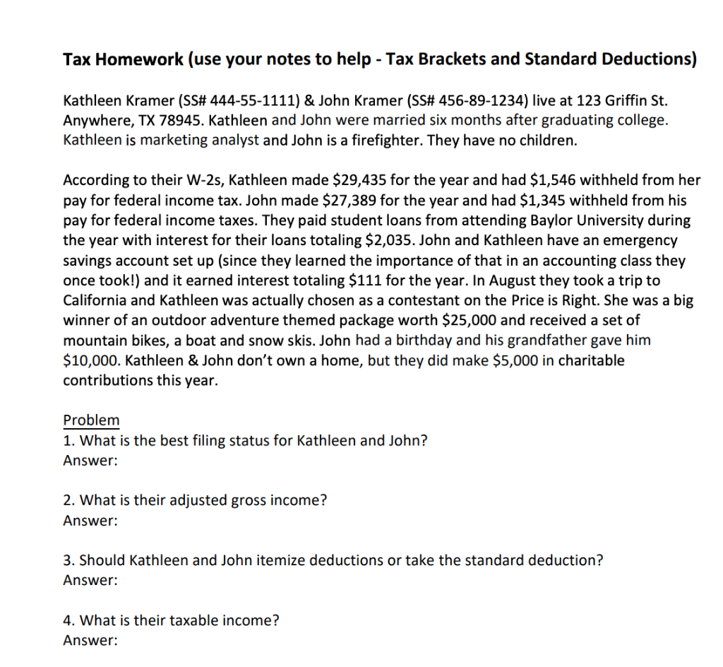 Solved Tax Homework (use your notes to help - Tax Brackets | Chegg.com