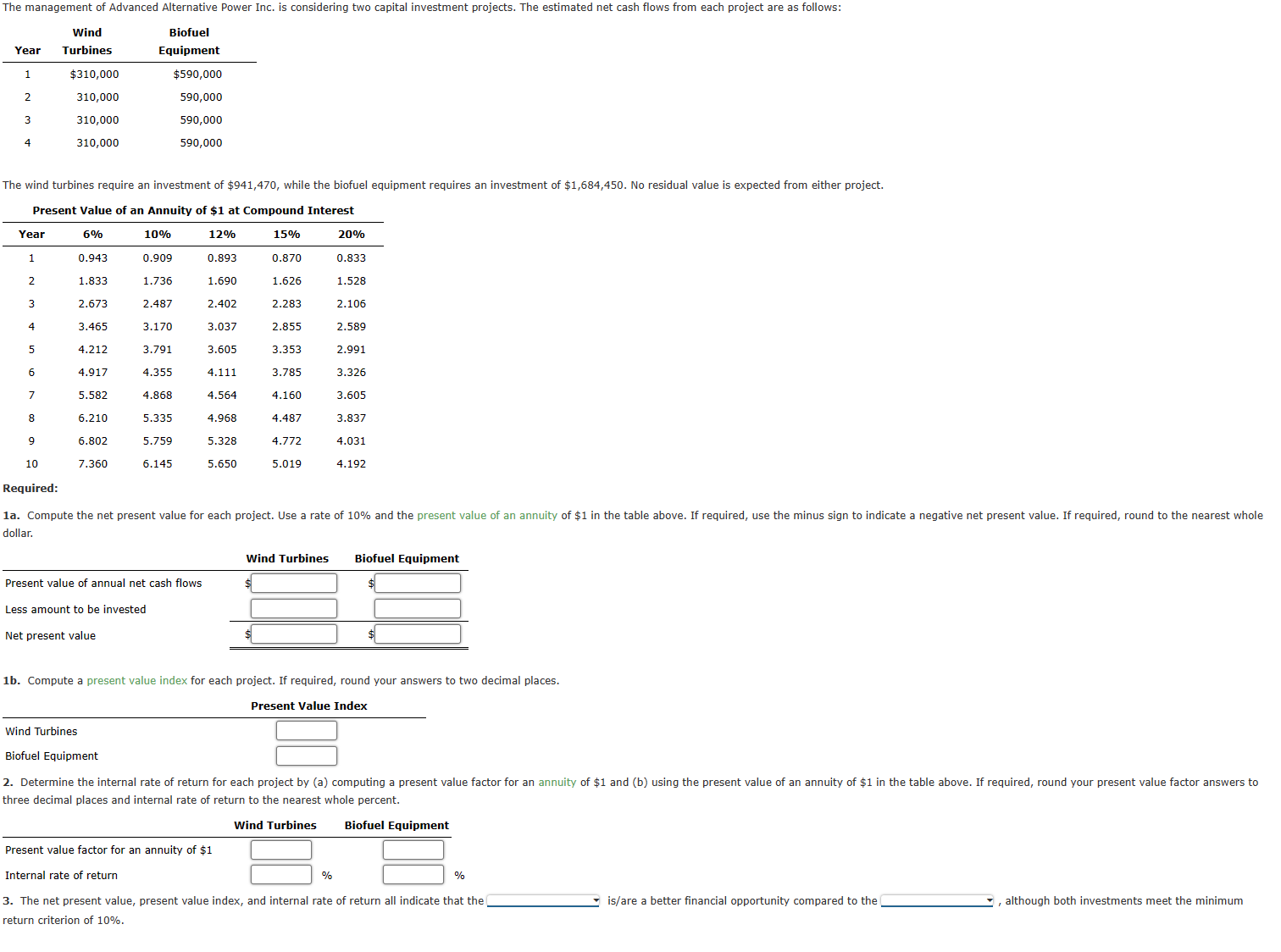 1b. Compute a present value index for each project. | Chegg.com