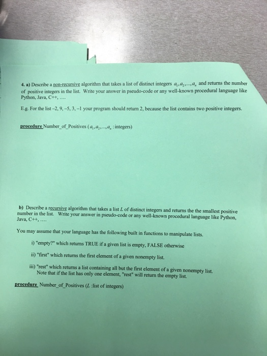 Solved a) Describe a Don-recursive algorithm that takes a | Chegg.com