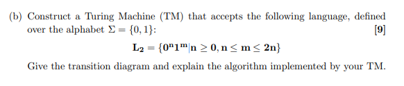 Solved (b) Construct a Turing Machine (TM) that accepts the | Chegg.com