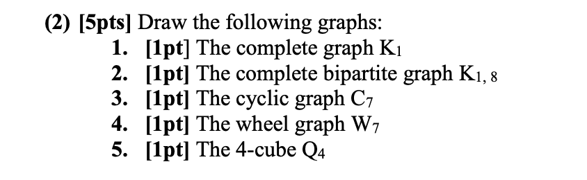 (Solved) : 2 5pts Draw Following Graphs 1 1pt Complete Graph Ki 2 1pt ... (Solved) : 2 5pts Draw Following Graphs 1 1pt Complete Graph Ki 2 1pt ...