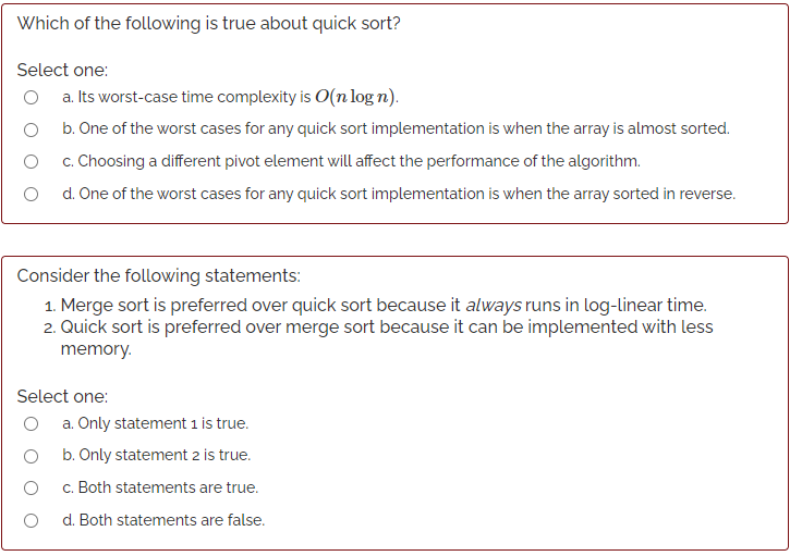Solved Which of the following is true about quick sort? | Chegg.com