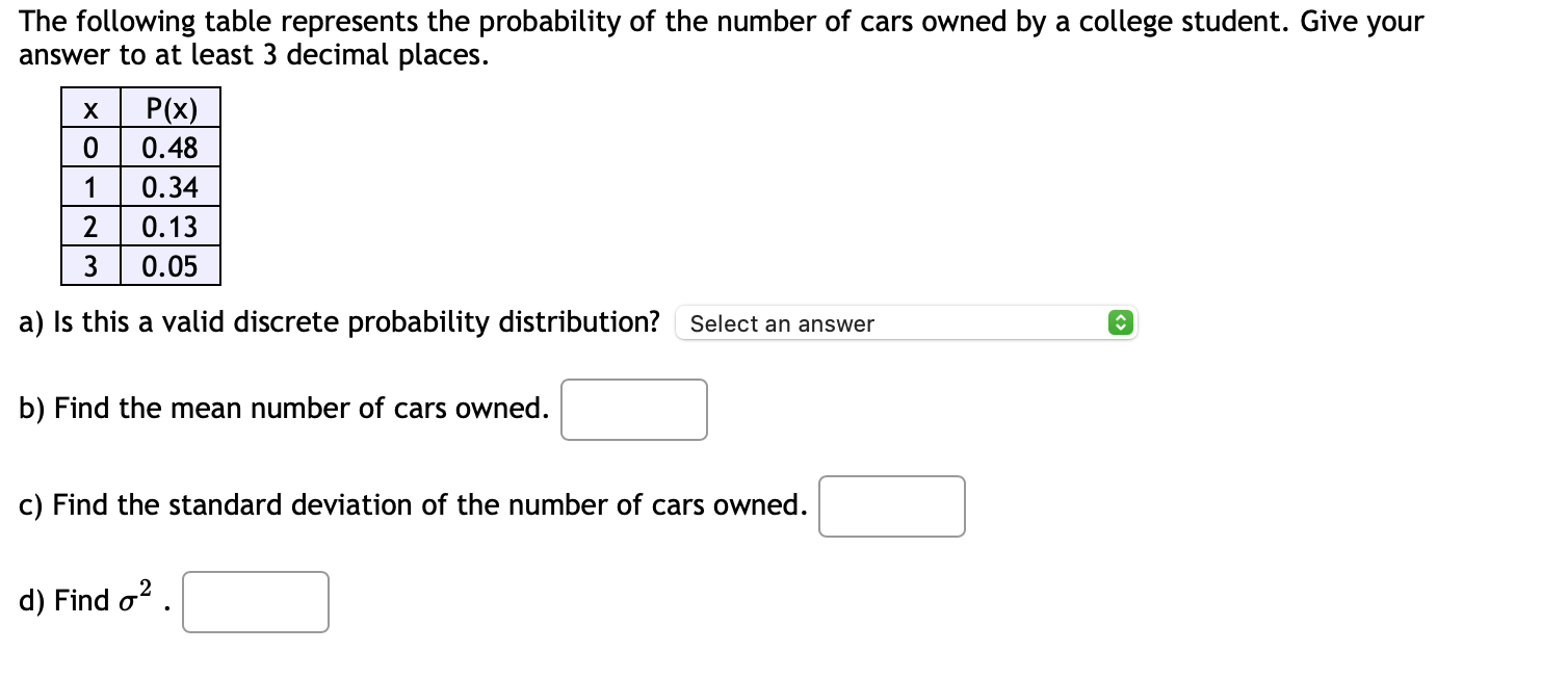 Solved The following table represents the probability of the | Chegg.com