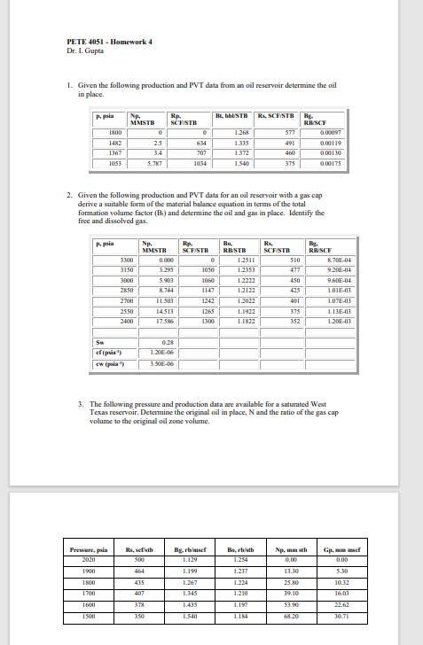 1. Given the following production and PVT data from | Chegg.com