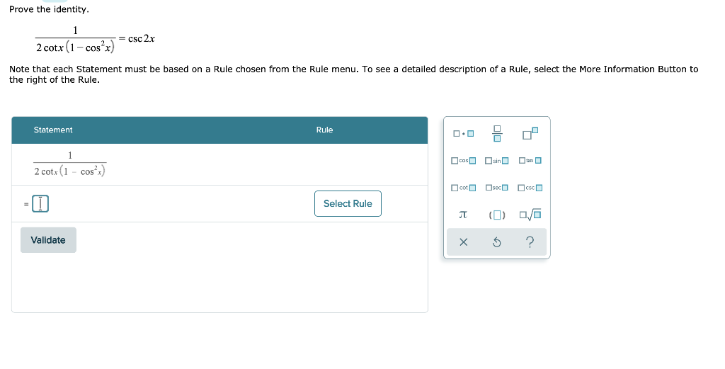 Solved Prove the identity. 1 2 cotx (1-cosr) 201=csc 2x Note | Chegg.com