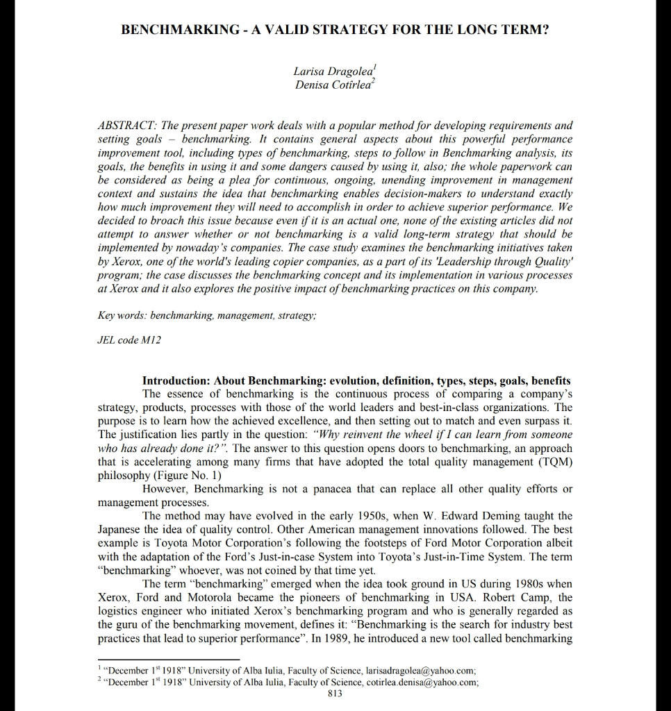 BENCHMARKING - A VALID STRATEGY FOR THE LONG TERM? | Chegg.com