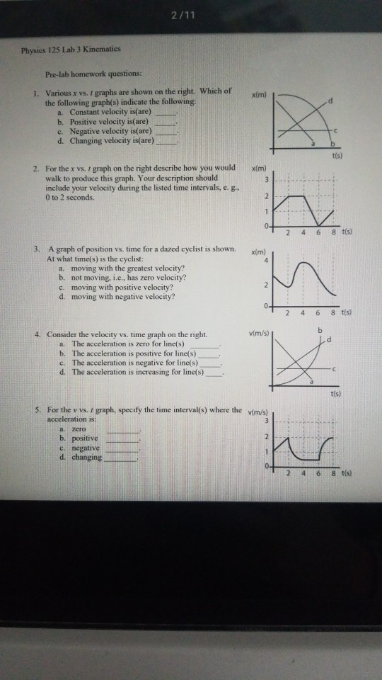 Solved 2/11 Physics 125 Lab 3 Kinematics Pre-lab homework | Chegg.com