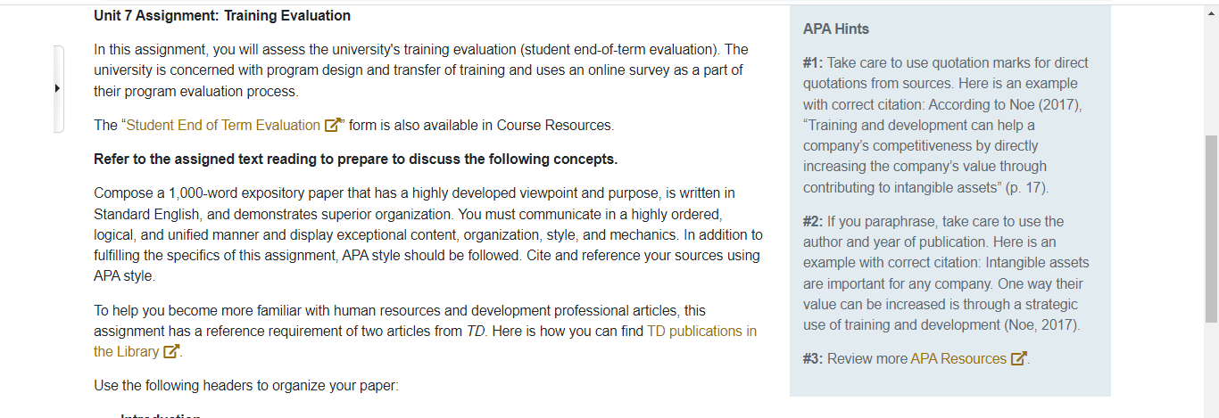 Solved Unit 7 Assignment: Training Evaluation APA Hints In | Chegg.com Solved Unit 7 Assignment: Training Evaluation APA Hints In | Chegg.com